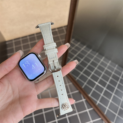 复古轻奢山茶花牛仔适用苹果iwatch987se654表带小蛮腰腕带女款潮