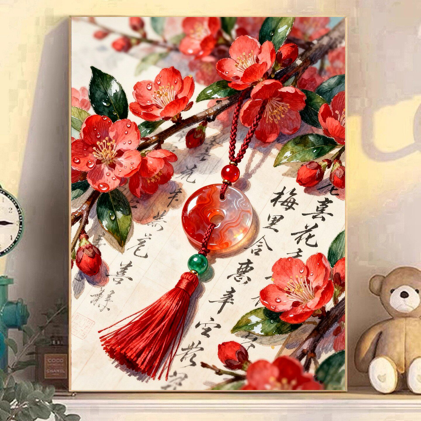 新中式DIY树脂方钻满钻钻石绣古风红色梅花玉佩贴钻钻石画带钻