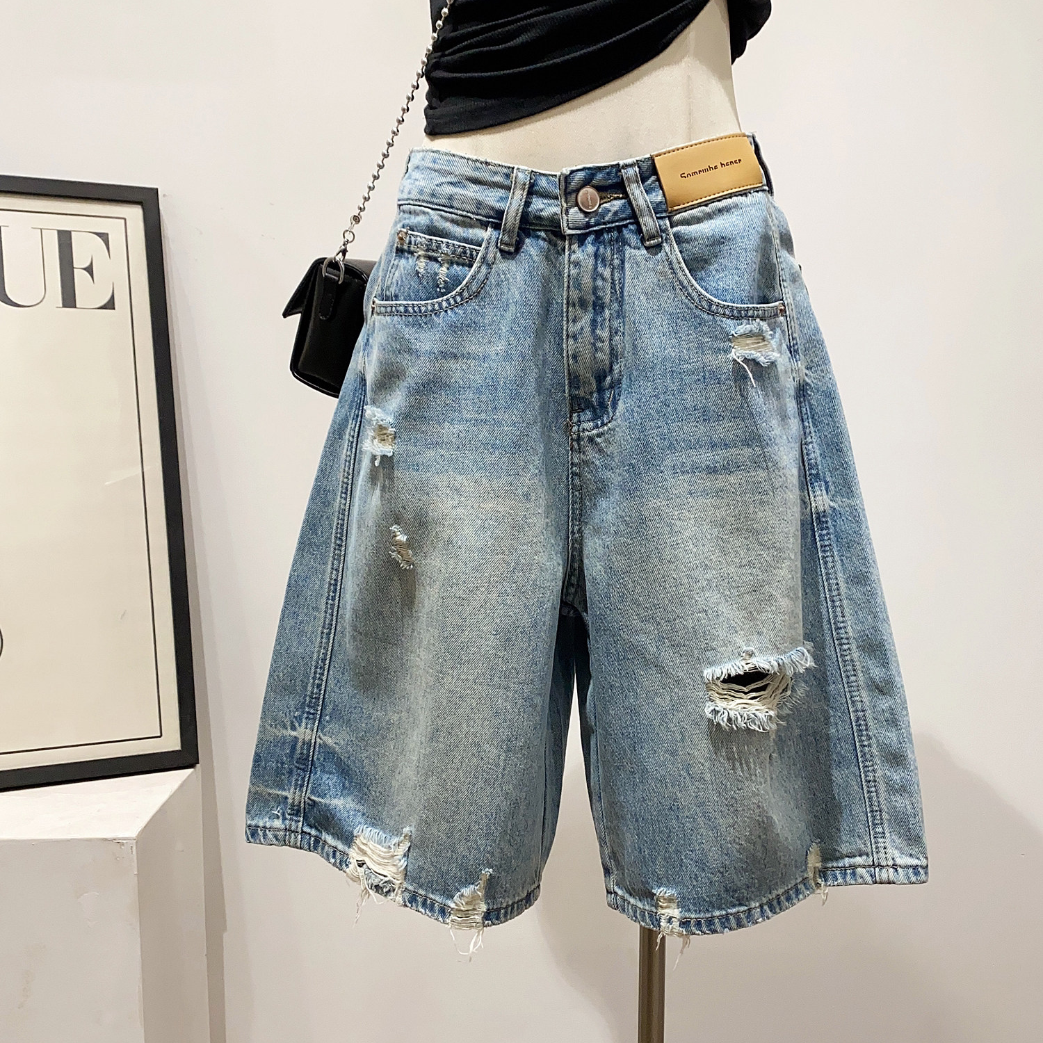 破洞牛仔短裤女夏天外穿爆款高腰显瘦宽松直筒阔腿五分裤潮流百搭