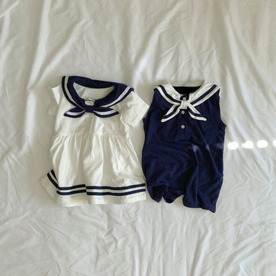 儿童韩版连体裤夏季新款女童海军翻领连衣裙男童连身衣姐弟兄妹装