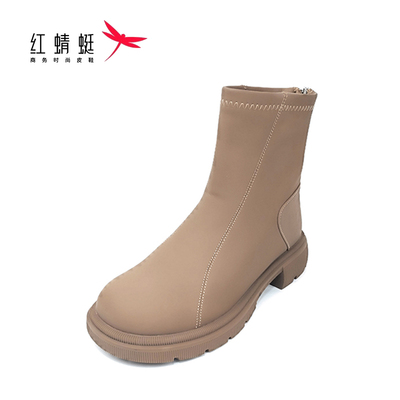 REDDRAGONFLY/红蜻蜓时尚英伦风软皮厚底圆头瘦瘦靴女鞋DPL10421