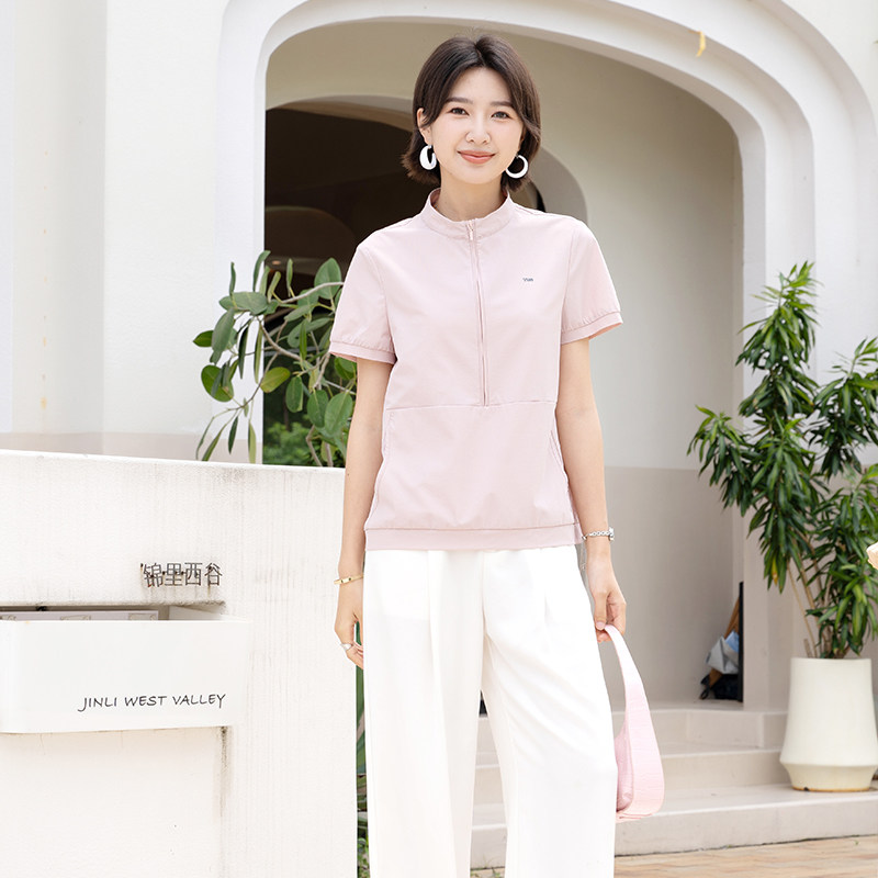 YUN韫2026夏季新品女装立领半拉链粉色速干薄款防晒短袖衬衫 6258