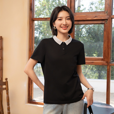YUN韫2025夏季新品女简约休闲欧根纱拼色领通勤针织棉短袖T恤5702