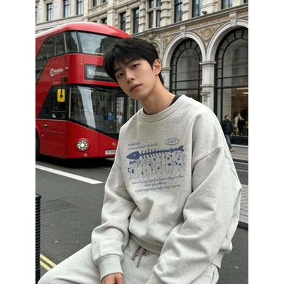 美式潮牌无帽加绒卫衣男款青少年秋冬重磅加厚宽松高级感内搭上衣