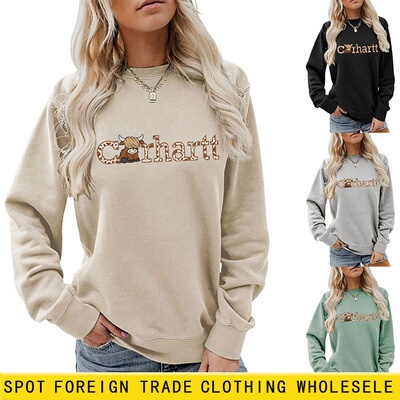 亚马逊新款CRHARTT 牛图案印花圆领卫衣eBay欧美休闲女士长袖现货