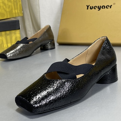 月芽儿方头玛丽珍鞋女20265春款交叉带芭蕾舞鞋中跟工作鞋单鞋子