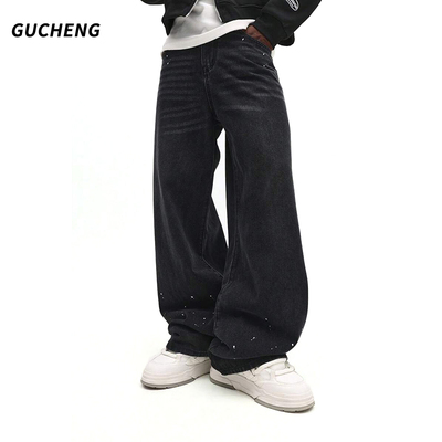 古丞GUCHENG 美式复古高腰直筒牛仔裤男女宽松阔腿弯刀裤情侣长裤