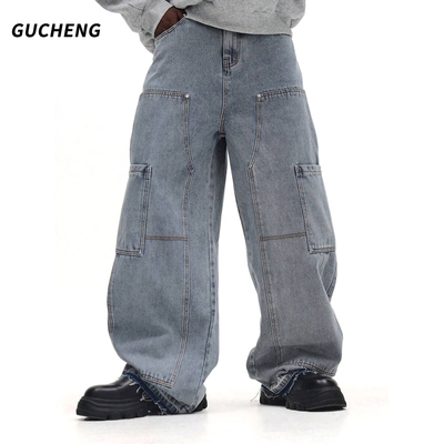 古丞GUCHENG 美式工装风阔腿牛仔裤男宽松水洗做旧多口袋街头长裤