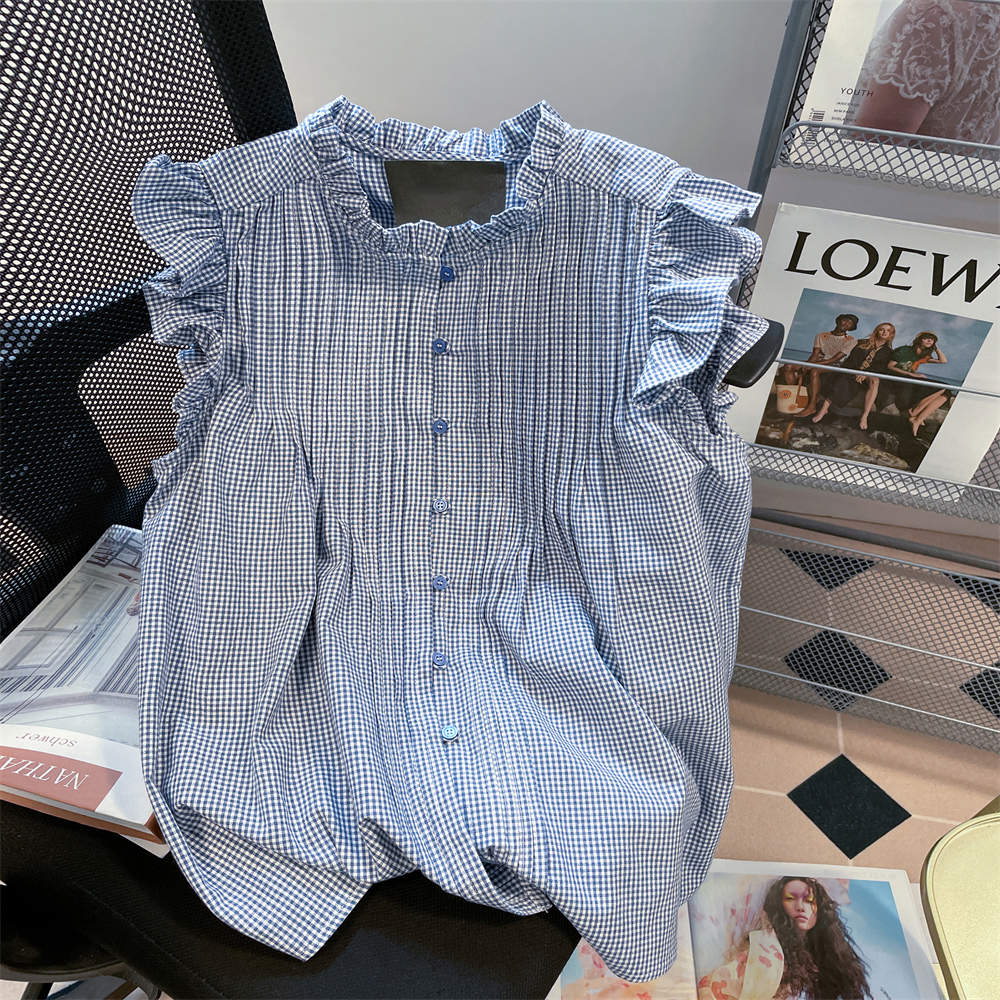 法式复古甜美港风小飞袖格子衬衫女夏季设计感小众荷叶边无袖上衣_虎窝淘