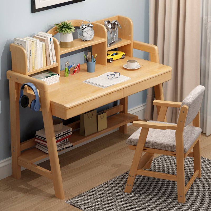 北欧可升降实木书桌带书架家用简约现代卧室学生写字桌儿童学习桌_虎窝淘