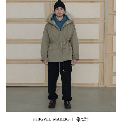 PHIGVEL MAKERS 蜡布夹克 可拆卸郊狼毛领 冬季保暖中长款