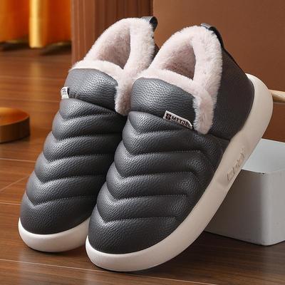 防滑PU皮纯色棉鞋情侣保暖厚底