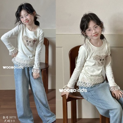 wooso儿童蕾丝拼接卡通小狗T恤秋