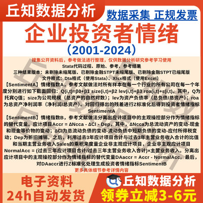 企业投资者情绪2024-2001年上市公司数据Stata代码Excel缩尾剔除