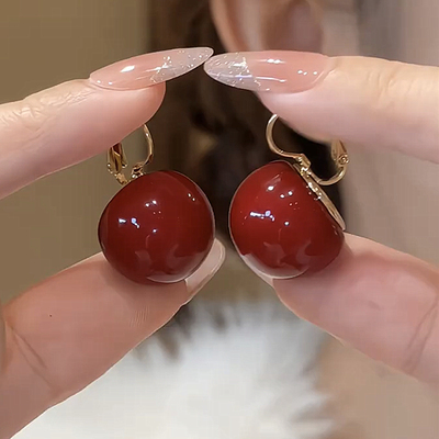 港风红色大珍珠耳环耳扣小众独特