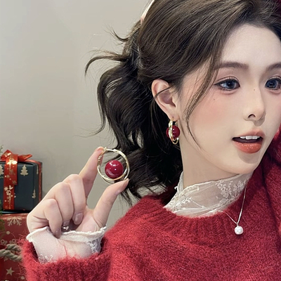 红色大珍珠耳圈银针耳环小众设计