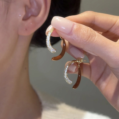 银针微镶锆石前后两戴咖色耳环