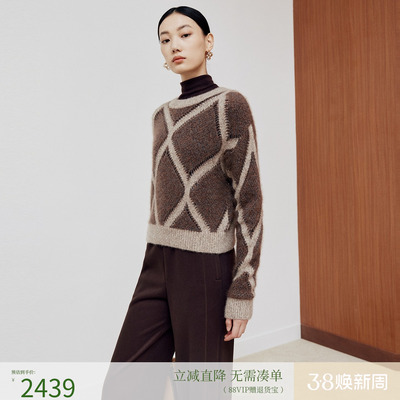 firststation时尚圆领菱格镂空提花套头针织毛衣女25冬新款9559A