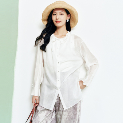 FS优雅花边领立体手工捏褶提花烫钻长袖衬衫26春夏新款女装2228A