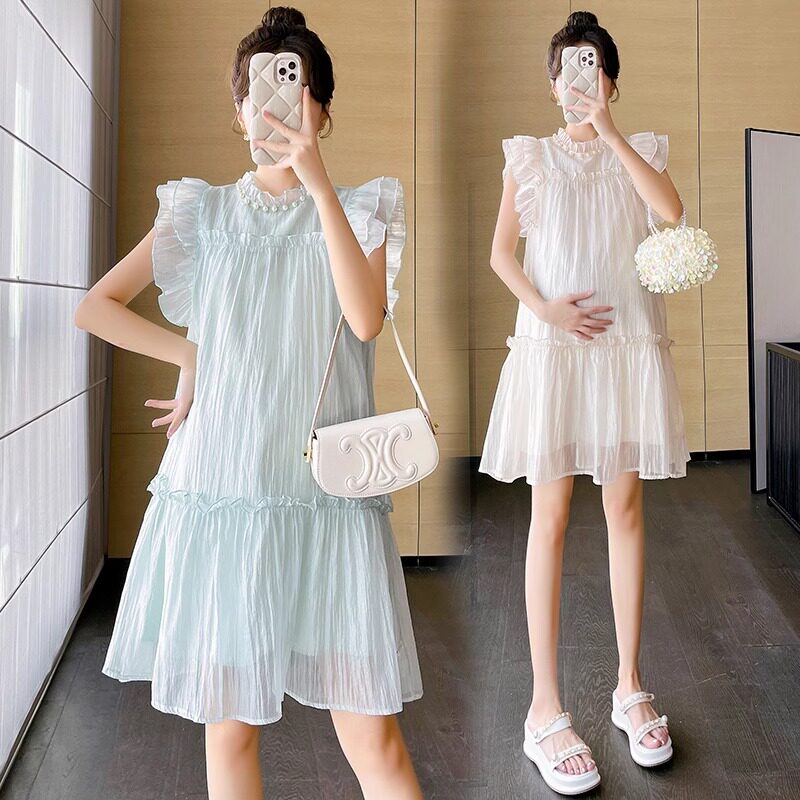 孕妇装夏季新款时尚韩版淑女纹理感褶皱轻薄透气甜美连衣裙女孕妈