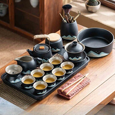 高档黑陶功夫茶具套装茶盘