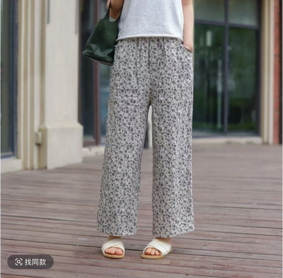 早春新品14支亚麻雨露麻印花文艺休闲清凉显瘦九分阔腿小花裤2573