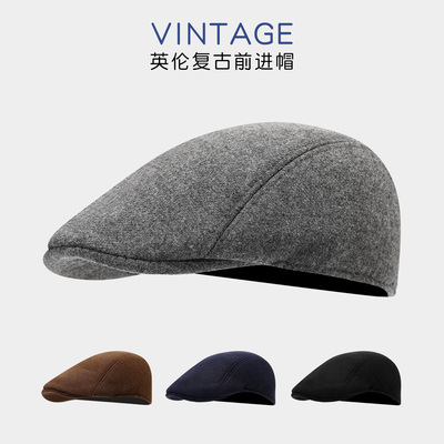 男士毛呢鸭舌帽纯色贝雷帽休闲复古前进帽春秋季遮阳帽女秋冬帽子
