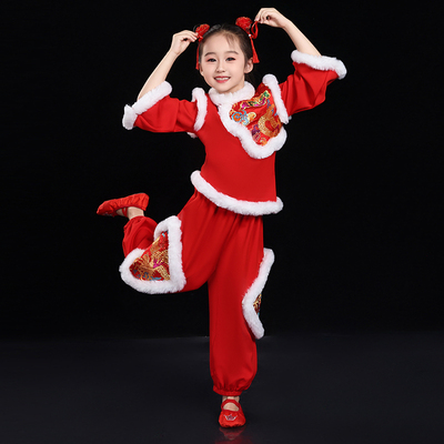 2025元旦新款儿童打鼓服灯笼舞开门红演出服红色喜庆东北秧歌服