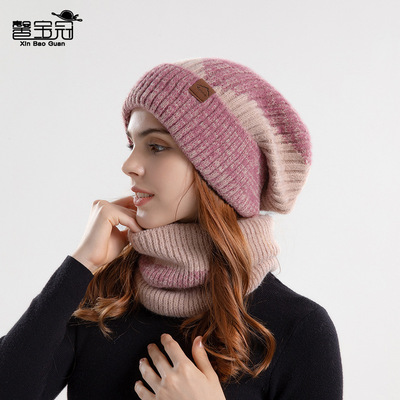 North American winter two-tone hat women's fleece scarf two