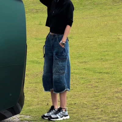 9165#52   美式复古工装七分牛仔裤女夏季宽松阔腿裤毛边显瘦中裤