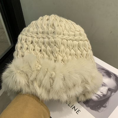 手工兔毛针织帽毛绒休闲男女秋冬
