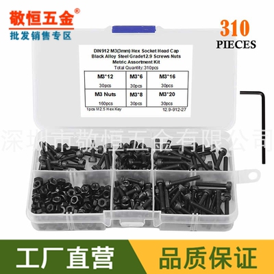 310pcs M3 黑色高强度杯头内六角螺丝螺母组合配内六角扳手盒装