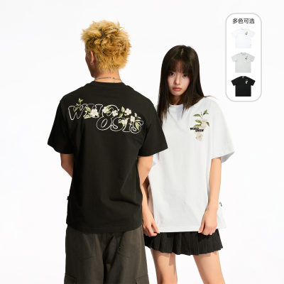 WHOOSIS（不知其名）茉莉花刺绣短袖T恤夏季圆领宽松百搭校园男女