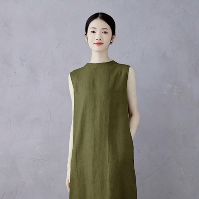 南韵 秋染青芜 低调奢华亚麻背心裙无袖半高领文艺内搭复古连衣裙