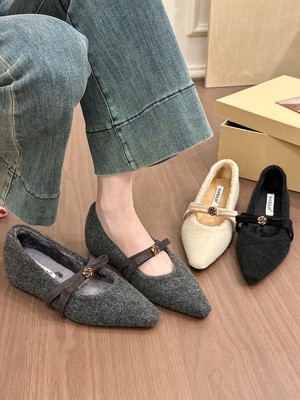 titing韩系miu！气质毛呢尖头金属扣玛丽珍鞋女秋加绒内增高单鞋