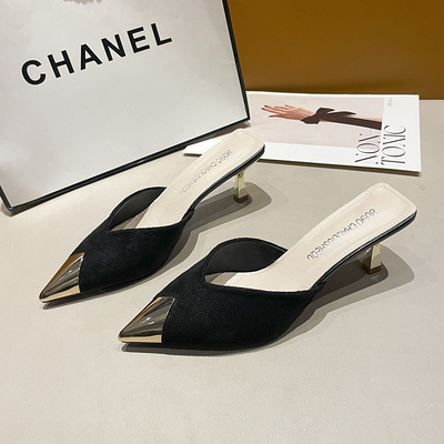 包头半拖鞋女夏外穿绒面金属尖头小跟细跟高跟鞋小码33码凉拖鞋潮