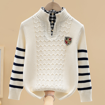 男童毛衣秋冬款学院风半拉链立领毛衣中大童条纹袖套头针织衫加绒
