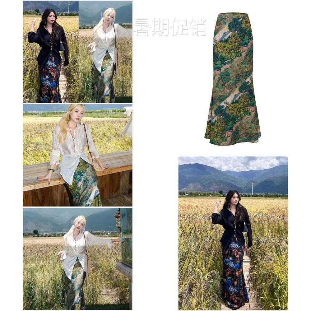 糯米子[小艺术家半裙]夏季油画感艺术印花感显瘦鱼尾A字半身裙