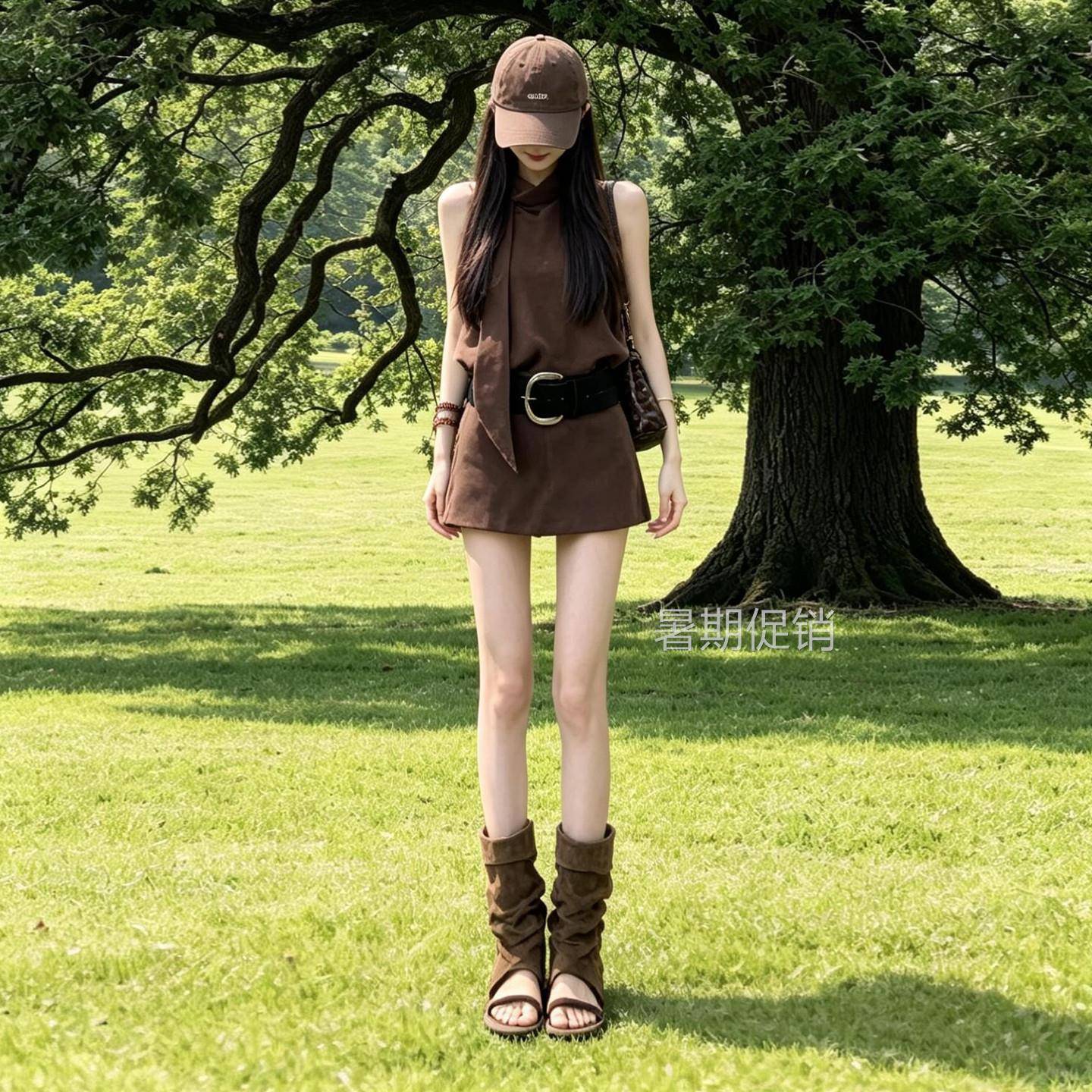 美拉德复古咖色背心连衣裙女夏季2026新款小个子收腰a字短裙套装