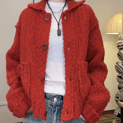 MACQNF29560MQ排扣Polo领大肚羊毛宽松慵懒加厚针织开衫外套女