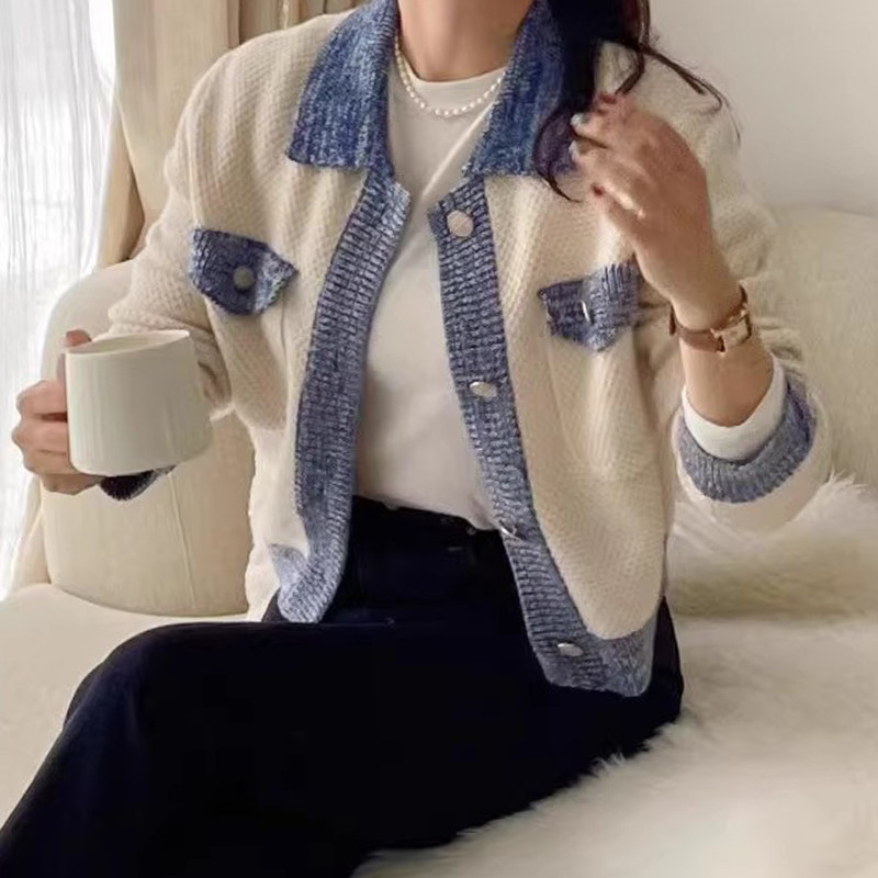 韩国chic秋季法式小众翻领撞色双口袋纹理感宽松百搭小香风外套女