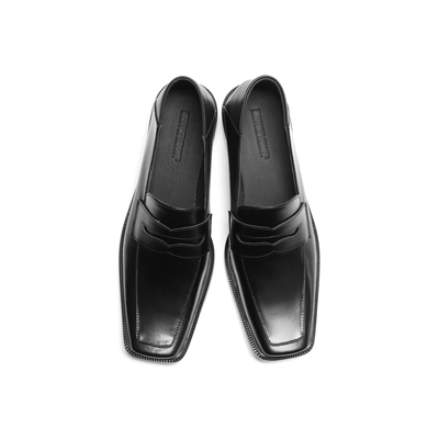 Asthershop原创开边珠牛皮基础单鞋方头黑色粗跟乐福鞋一脚蹬女鞋