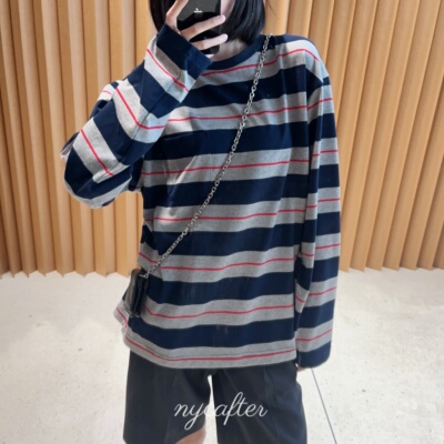【念念】nycafter新款   宽松慵懒三色条纹长袖 落肩T恤女eh3242