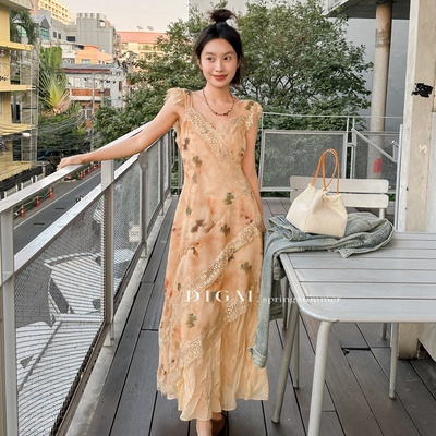 DIGM-款延续法式复古气质蕾丝花边拼接碎花收腰显瘦连衣裙A62120