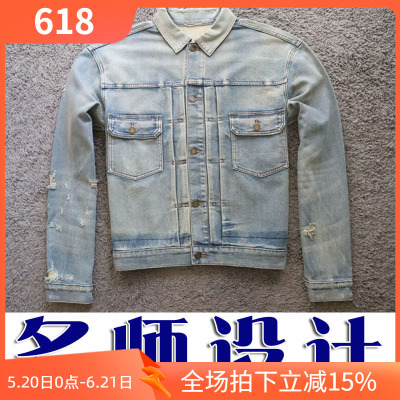 进口针织做旧破洞男士牛仔衣夹克