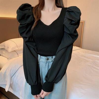 v领针织衫女2024年春秋新款打底衫设计感修身短款泡泡袖长袖上衣
