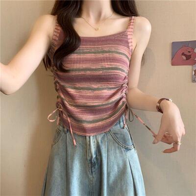 多巴胺彩色条纹抽身甜辣针织吊带女背心夏季外穿彩虹小众辣妹上衣