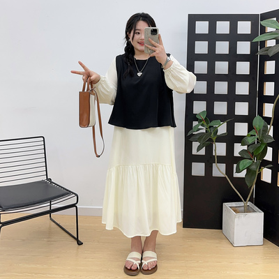宛宛大码法式简约连衣裙背心马甲套装女春秋季胖mm显瘦减龄两件套