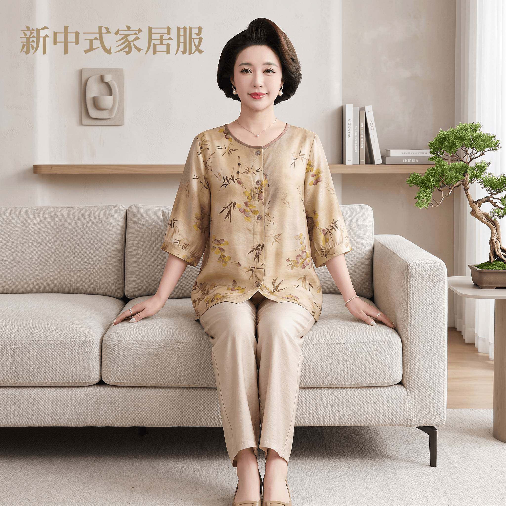 新中式中老年睡衣中袖品质单上衣柔软舒适透气妈妈气质开衫款