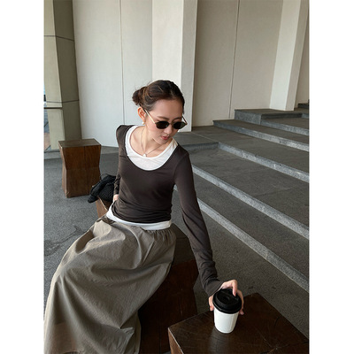 嘉言 2026春季女装十三行新品拼色假两件双层圆领日常通勤长袖T恤